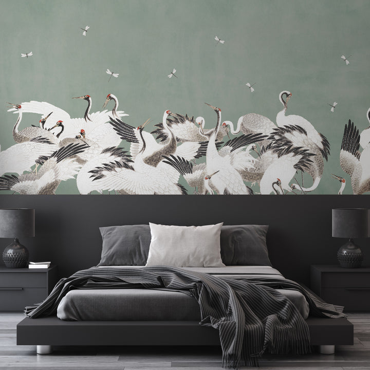 Japanese Vintage Cranes on Dusty Emerald – Stories For Walls UAE