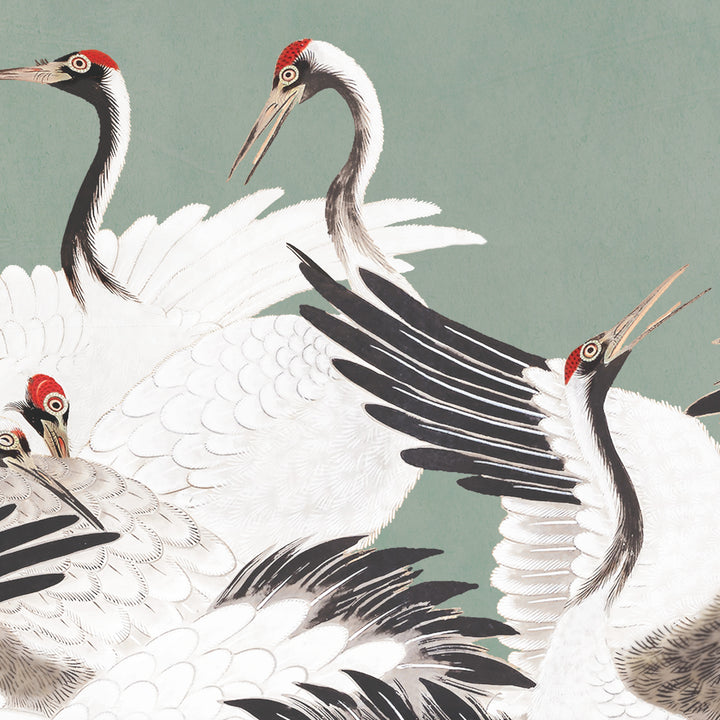 Japanese Vintage Cranes on Dusty Emerald – Stories For Walls UAE